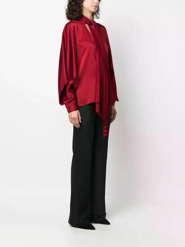 DEL CORE Pleated Pussy-bow Satin Blouse