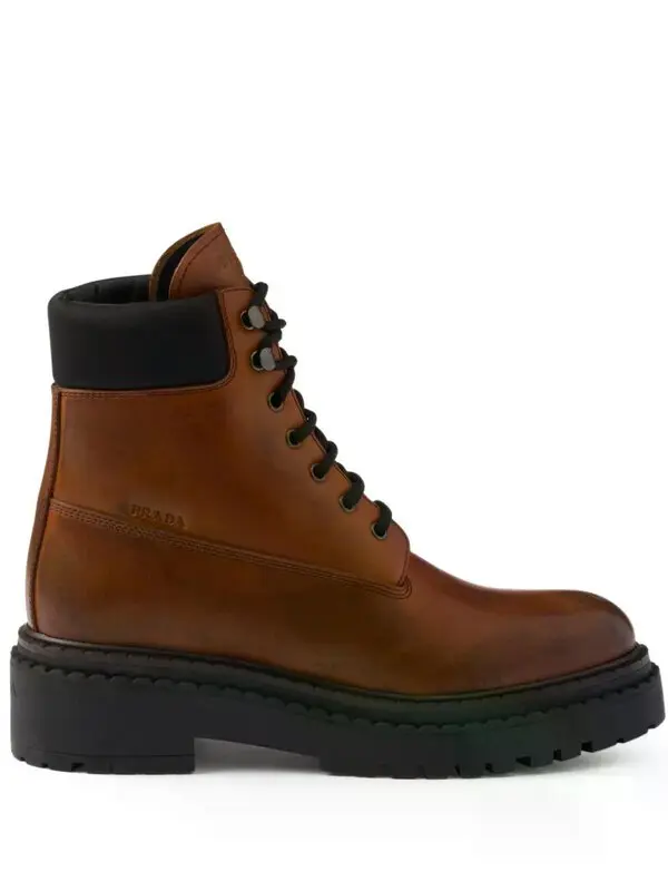 Prada Leather Combat Lace-up Boots - Brown