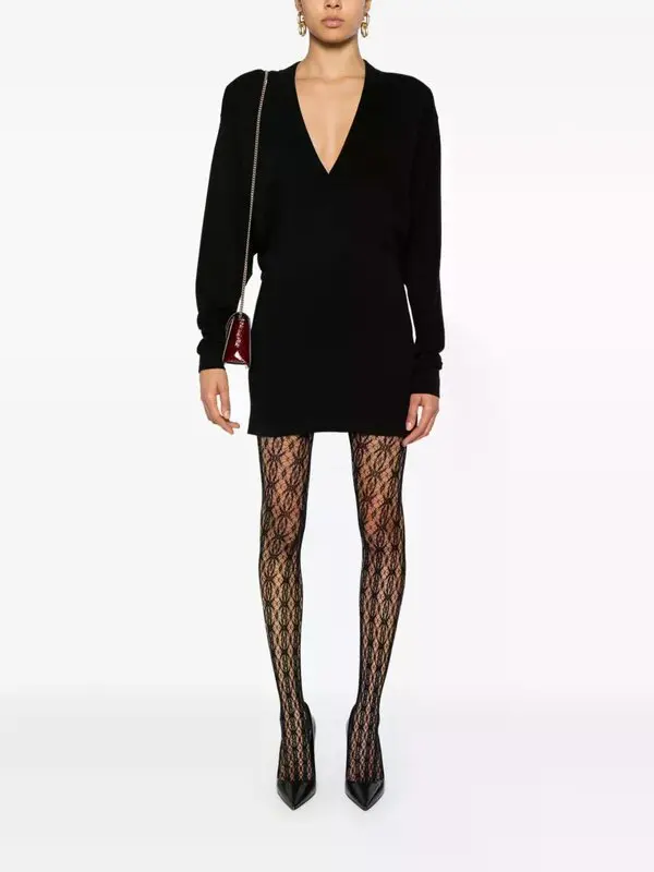 Saint Laurent V-neck Wool Knit Dress - Black