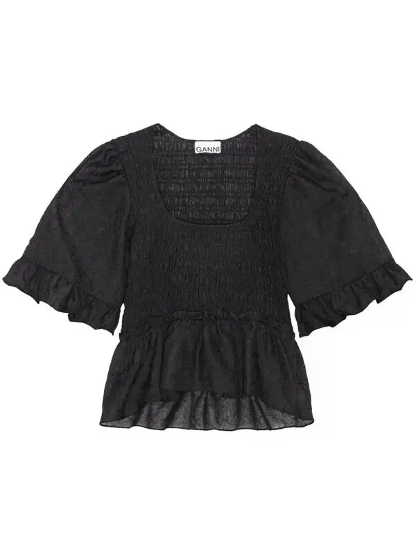 GANNI Crinkled Georgette Smock Blouse - Black