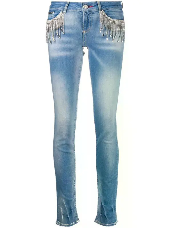 Philipp Plein Crystal-fringe Slim-fit Jeans - Blue