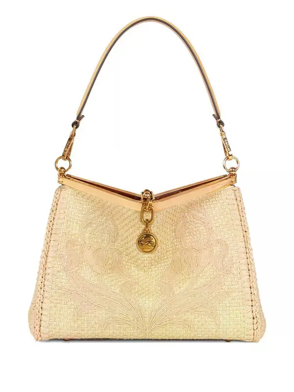 Etro Medium Vela Shoulder Bag In Raffia With Floral Embroidery