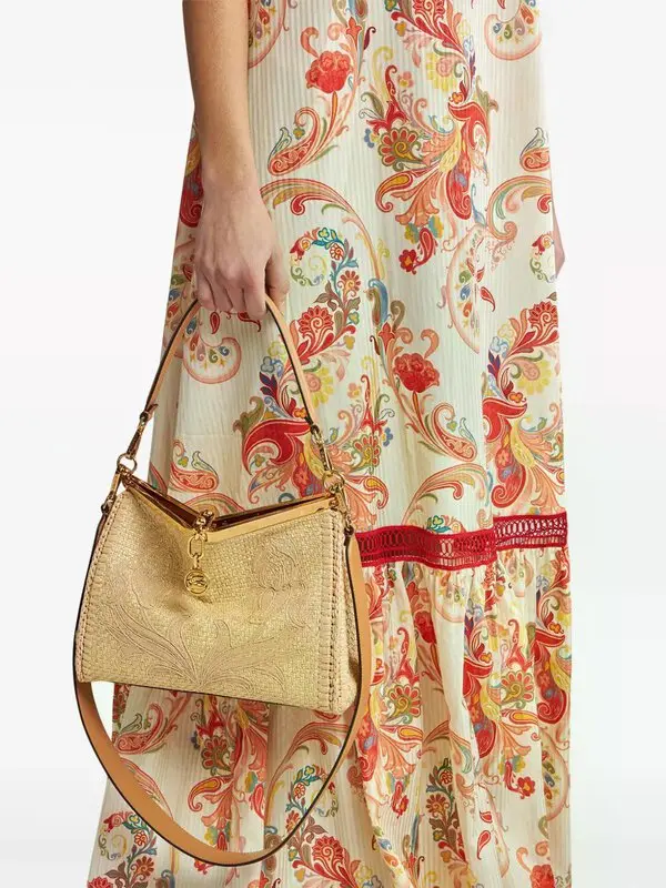 Etro Medium Vela Shoulder Bag In Raffia With Floral Embroidery