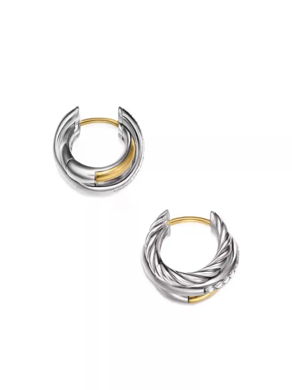 David Yurman 18kt Yellow Gold And Sterling Crossover Three Row Diamond Hoop Earrings - Silver