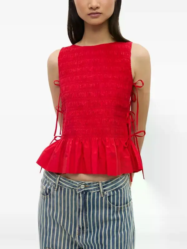 GANNI Smocked Tie-fastening Top - Red
