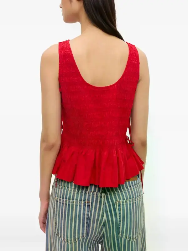 GANNI Smocked Tie-fastening Top - Red