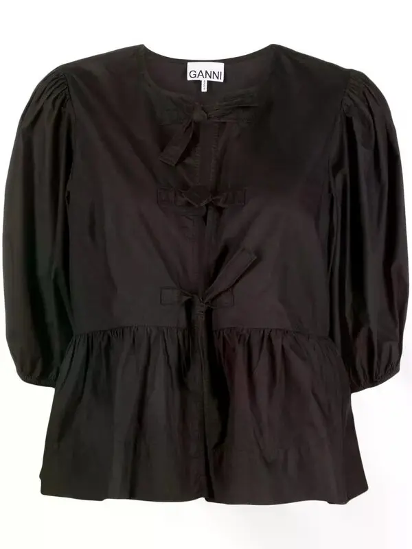 GANNI Puff-sleeved Peplum Blouse With Tie Detail - Black
