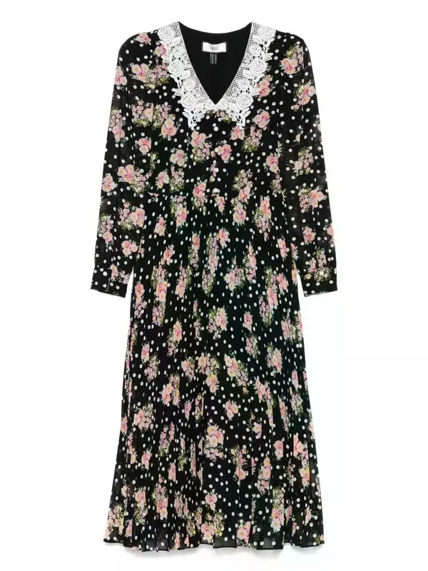 NISSA Printed Midi Dress With Lace Collar - Black