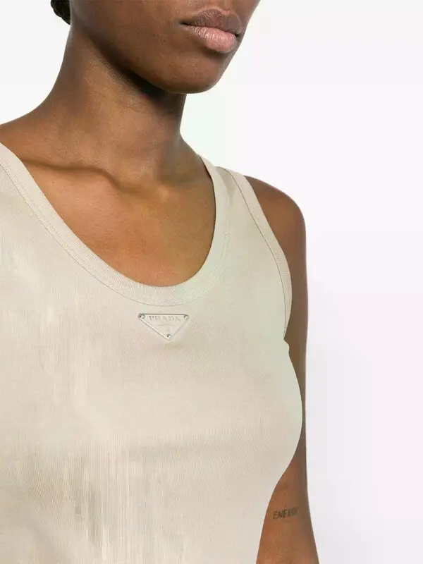 Prada Ribbed Knit Scoop Neck Top - Neutrals