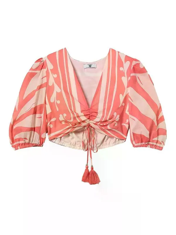 TWINSET Cropped Puff Sleeve Top With Floral Stripe Pattern