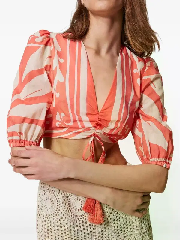TWINSET Cropped Puff Sleeve Top With Floral Stripe Pattern