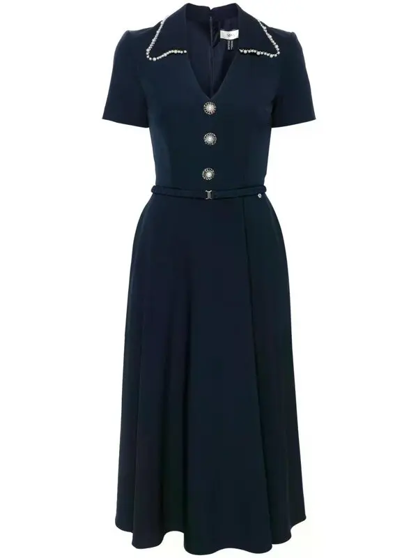 NISSA V-neck Belted Midi Dress With Faux-pearl Detailing - Blue