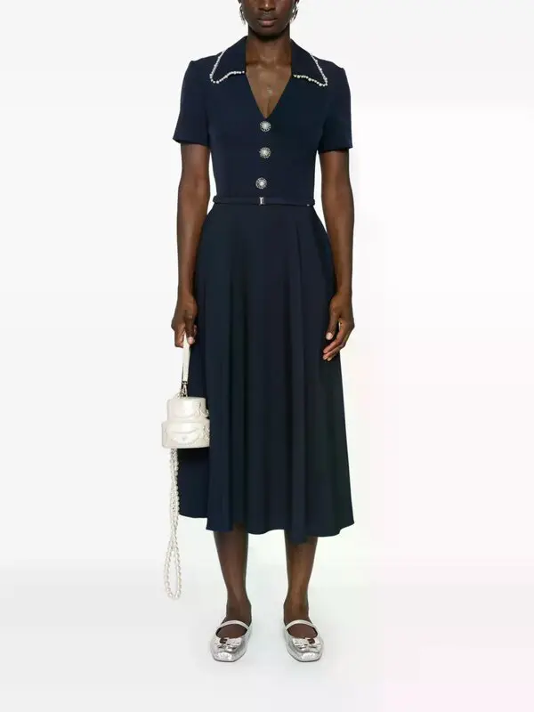 NISSA V-neck Belted Midi Dress With Faux-pearl Detailing