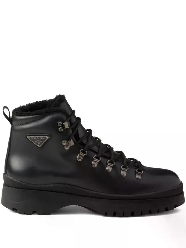 Prada Brixxen Leather Shearling Lined Lace Up Boots