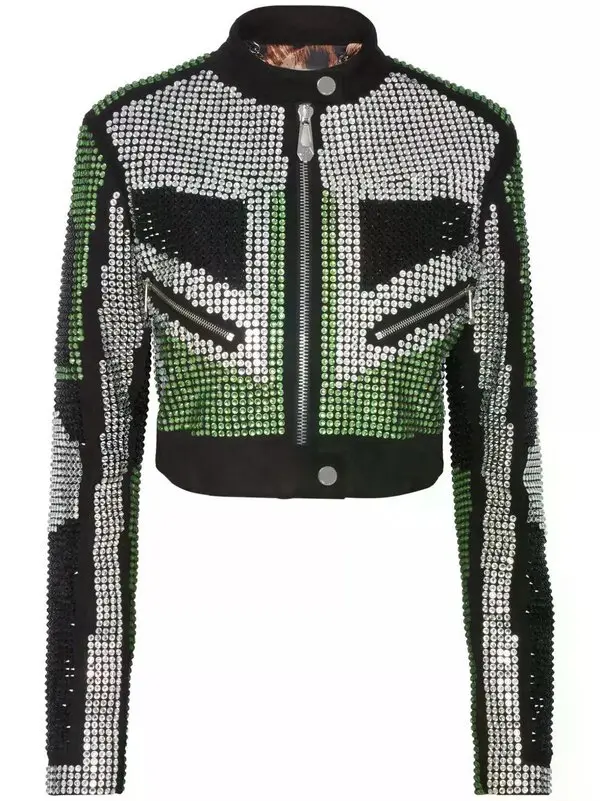 Philipp Plein Embellished Cropped Biker Jacket - Silver