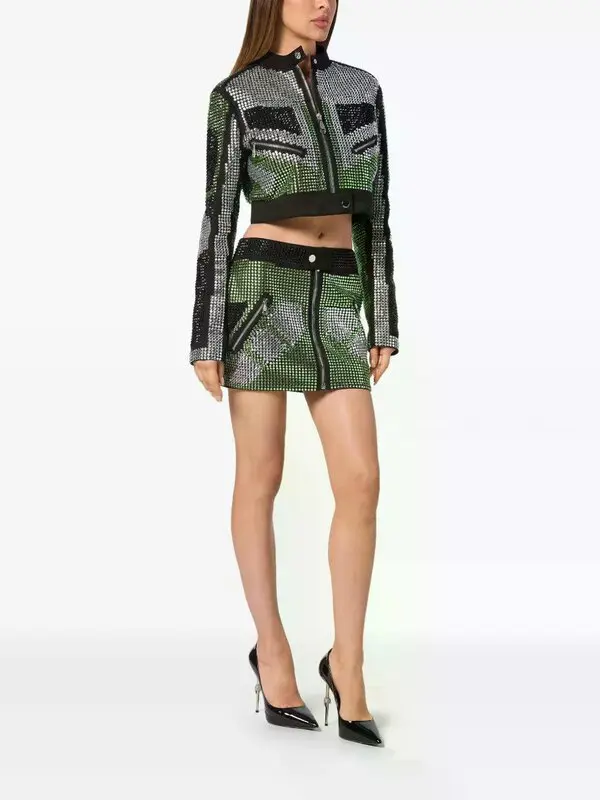 Philipp Plein Embellished Cropped Biker Jacket - Silver