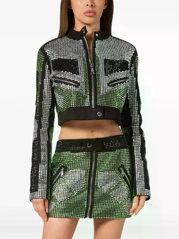Philipp Plein Embellished Cropped Biker Jacket - Silver