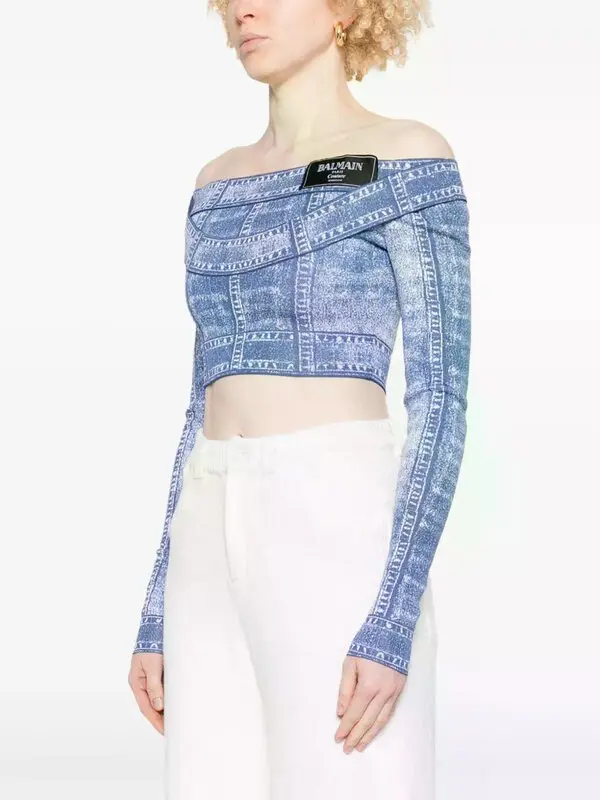 Balmain Trompe L'oeil Print Off-shoulder Long Sleeve Crop Top
