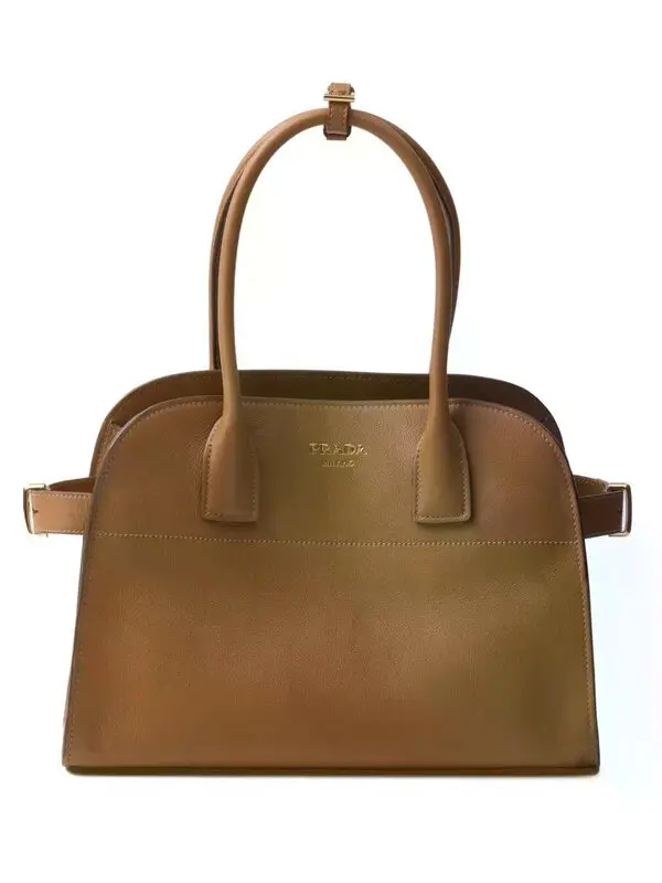 Prada Calf Leather Medium Tote Bag With Logo Lettering - Brown