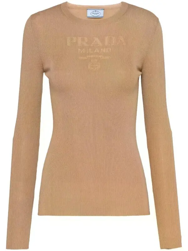 Prada Logo Intarsia Wool Jumper - Brown