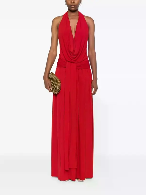 NISSA Halterneck Maxi Dress With Plunging Neckline And Side Slit - Red