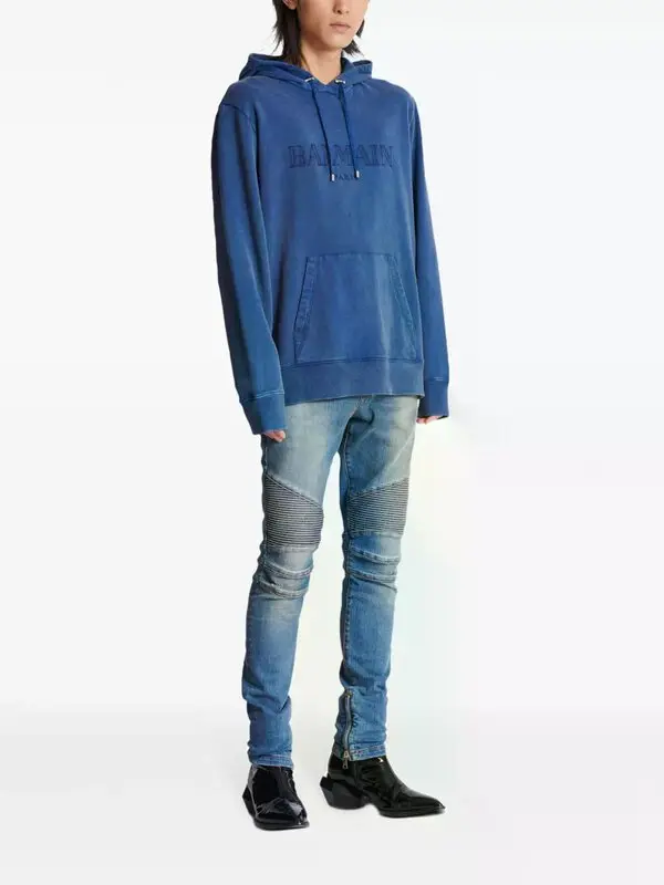 Balmain Embroidered-logo Hoodie - Blue