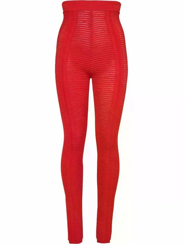 Balmain High-waisted Sheer Knitted Leggings - Red