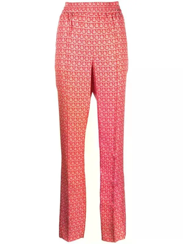 FERRAGAMO High-waisted Silk Trousers With Monogram Print