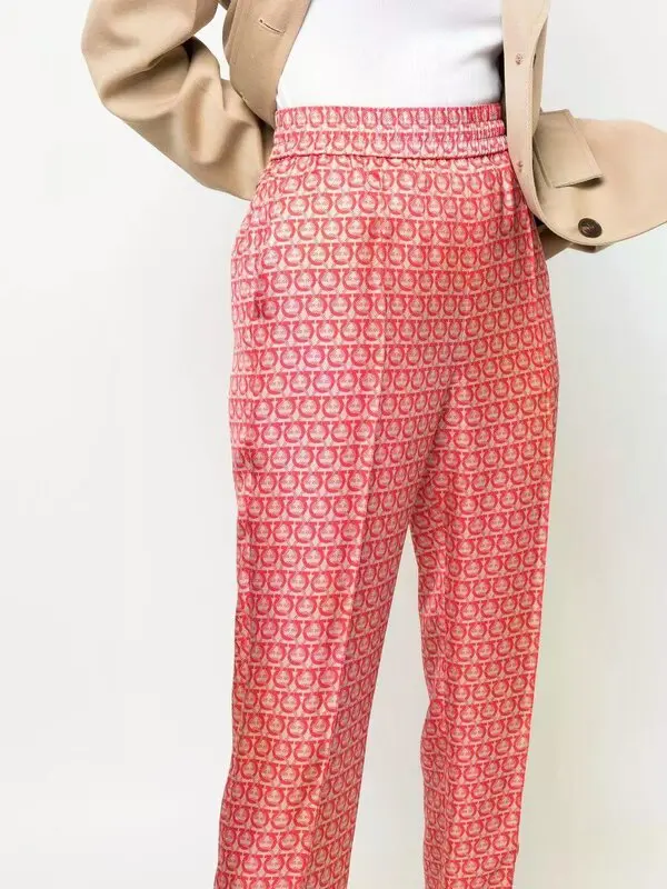FERRAGAMO High-waisted Silk Trousers With Monogram Print