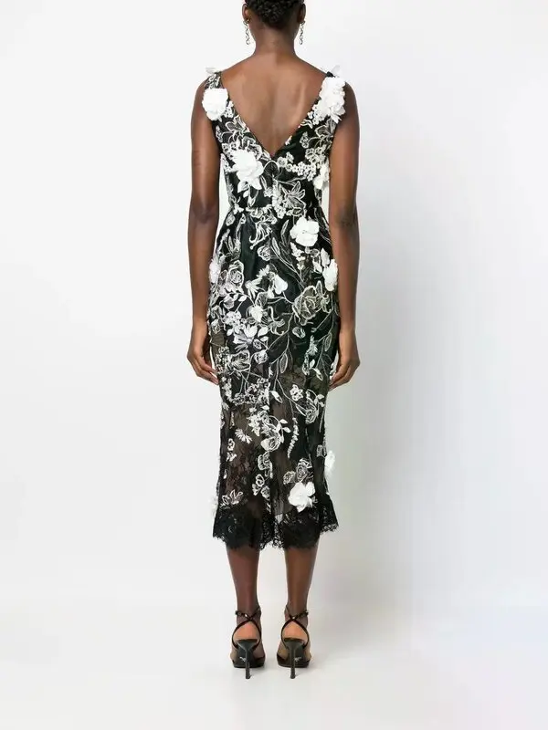 Marchesa Floral Appliqué Midi Dress