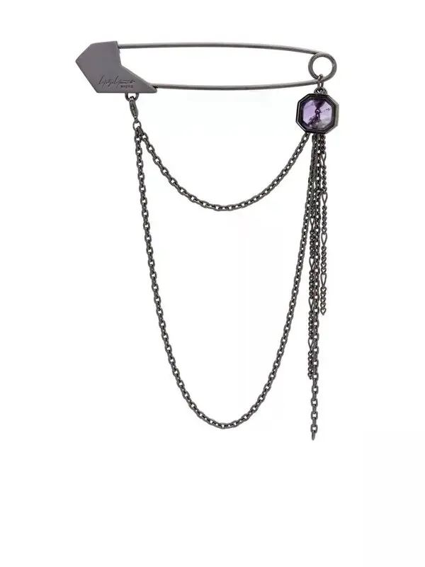 Yohji Yamamoto Amethyst And Brass Pin With Chain Detail - Black