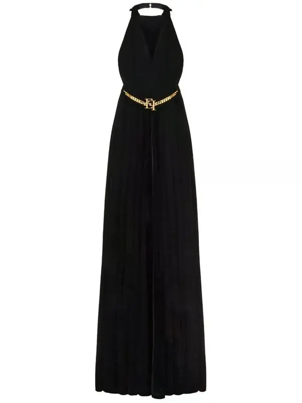 Elisabetta Franchi Velvet Halterneck Maxi Dress With Logo Plaque Chain Belt - Black