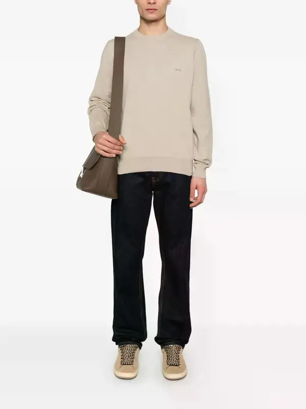 BOSS Crew Neck Long Sleeve Sweater With Embroidered Logo - Neutrals