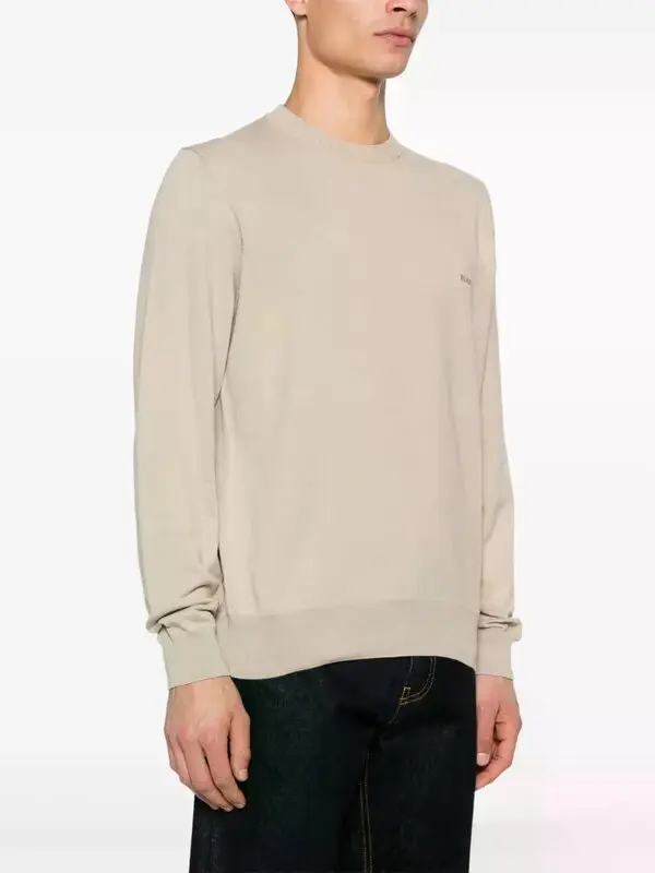 BOSS Crew Neck Long Sleeve Sweater With Embroidered Logo - Neutrals