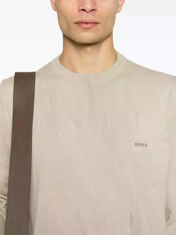 BOSS Crew Neck Long Sleeve Sweater With Embroidered Logo - Neutrals
