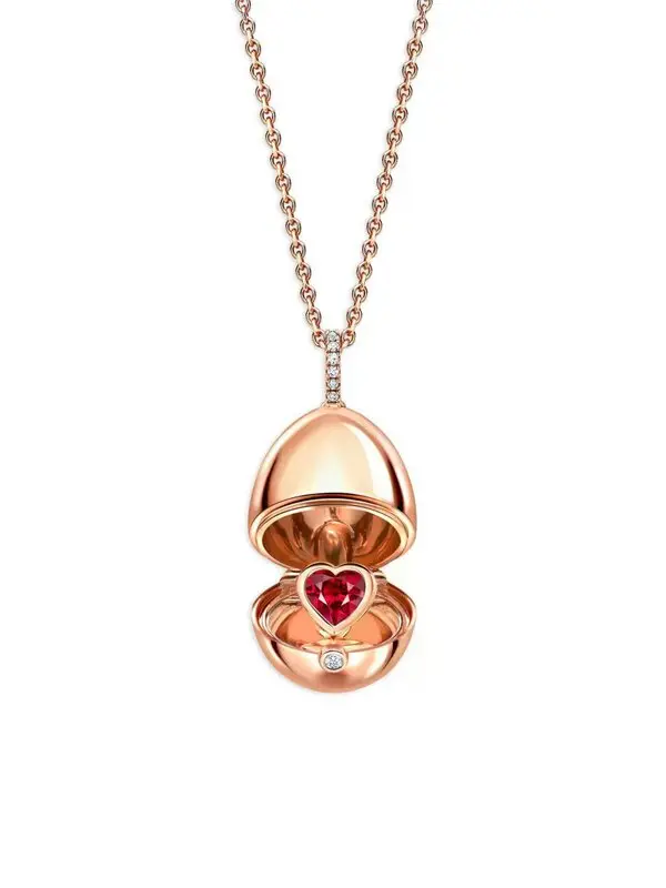 Faberge 18kt Rose Gold Egg Locket Necklace With Ruby And Diamonds - Red