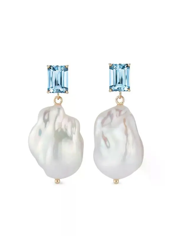 Mateo 14k Yellow Gold Baroque Pearl And Baguette Cut Topaz Drop Earrings - Blue