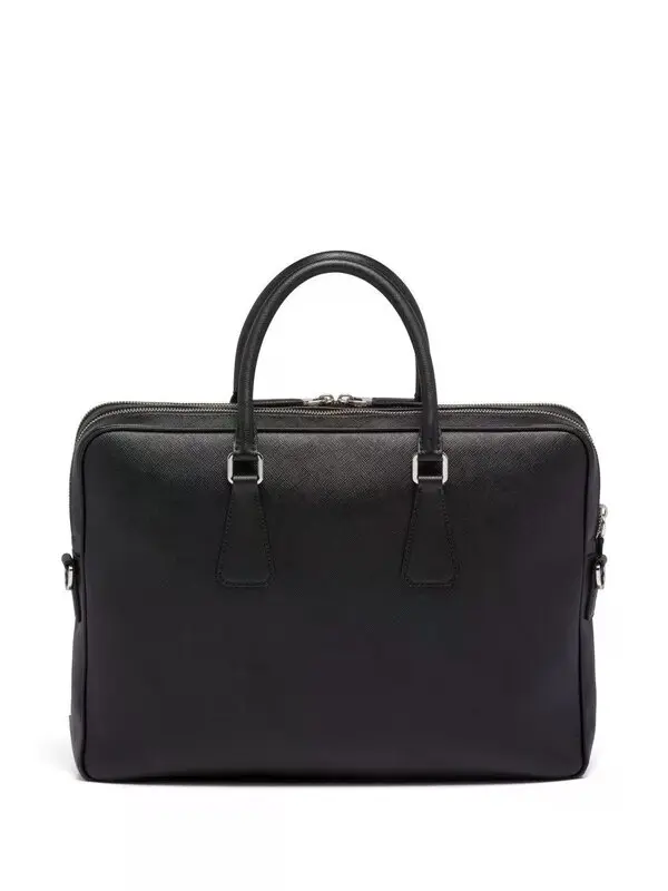 Prada Saffiano Leather Briefcase With Enamelled Metal Triangle Logo - Black