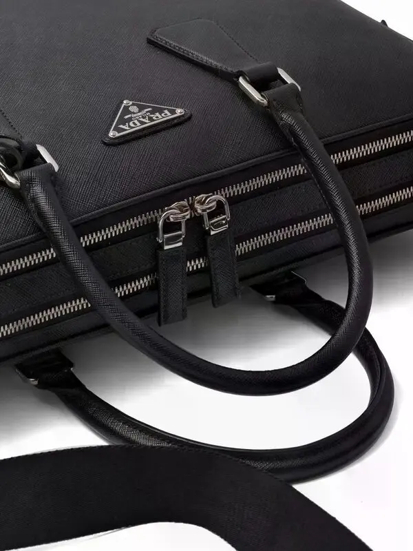 Prada Saffiano Leather Briefcase With Enamelled Metal Triangle Logo - Black