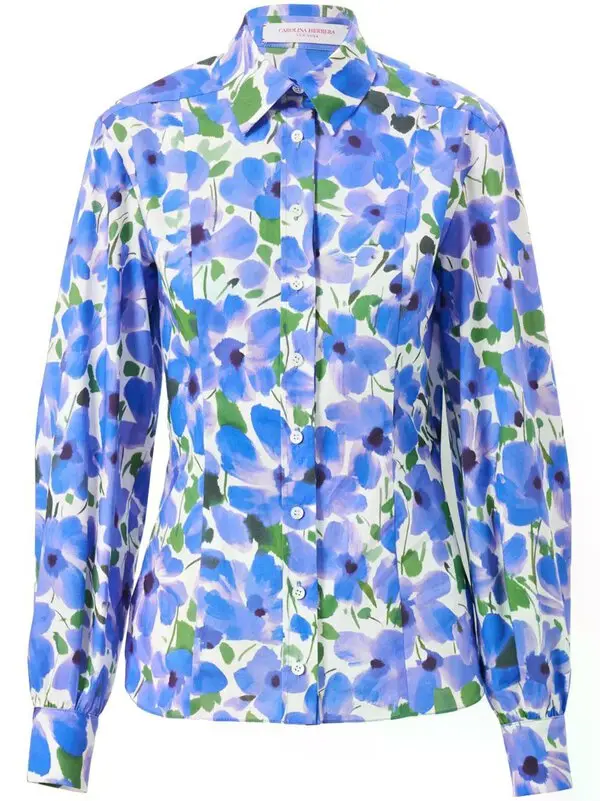 Carolina Herrera Floral Print Long Puff Sleeve Blouse - Blue