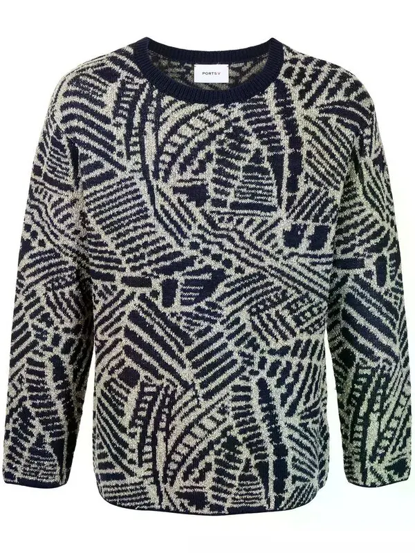 PORTS V Abstract Pattern Crew Neck Sweater - Blue