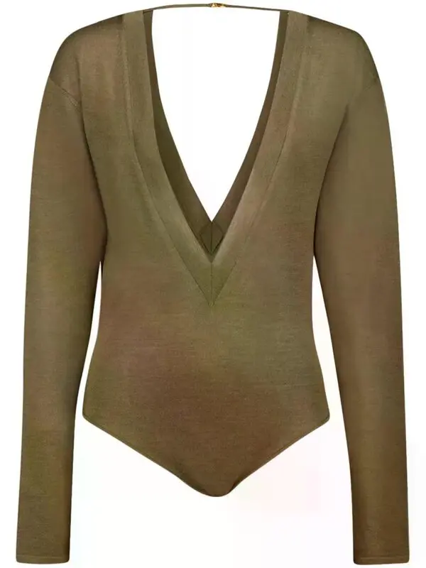 Saint Laurent Khaki Wool Fine-knit Plunge V-neck Long Sleeve Bodysuit - Green