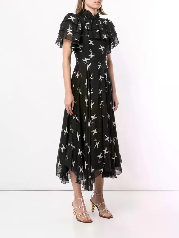 MACGRAW Flight Bird Print Silk Chiffon Dress