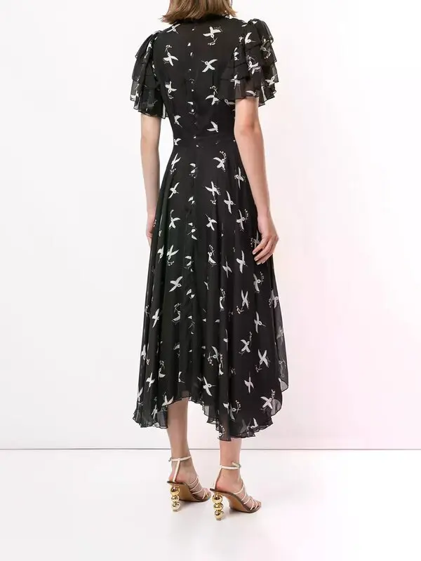MACGRAW Flight Bird Print Silk Chiffon Dress