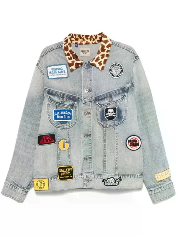 GALLERY DEPT. Distressed Denim Jacket With Animal Print Collar And Slogan Back