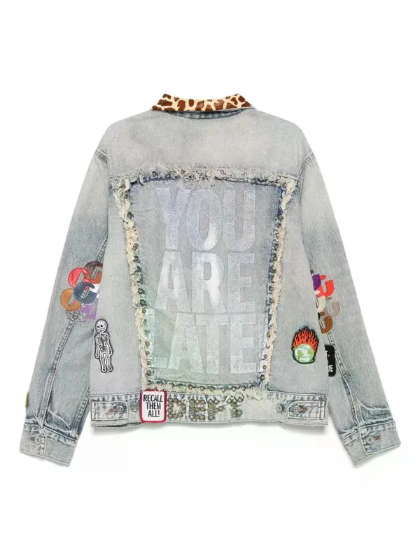 GALLERY DEPT. Distressed Denim Jacket With Animal Print Collar And Slogan Back