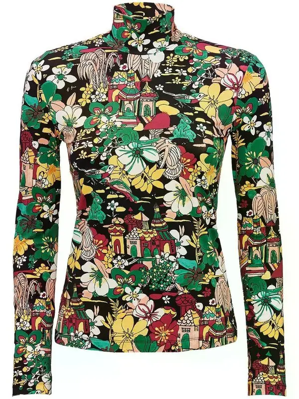 La DoubleJ Floral Print Long Sleeve Jersey Top - Black