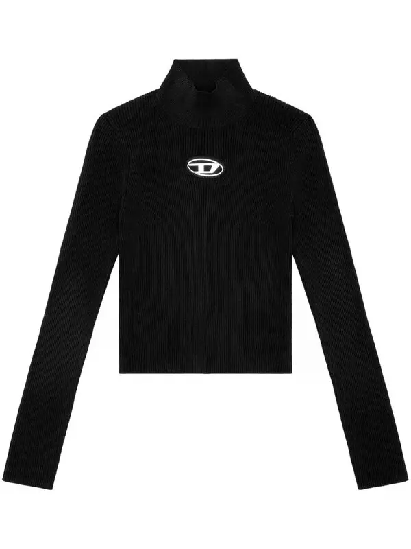 DIESEL® Ribbed Knit High Neck Long Sleeve Top With Appliqué Logo