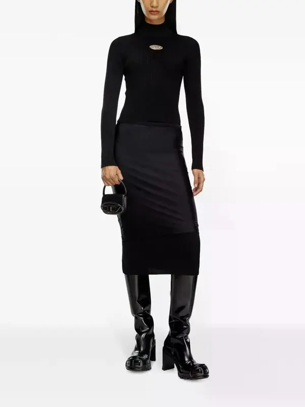 DIESEL® Ribbed Knit High Neck Long Sleeve Top With Appliqué Logo