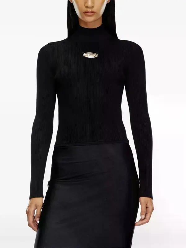 DIESEL® Ribbed Knit High Neck Long Sleeve Top With Appliqué Logo